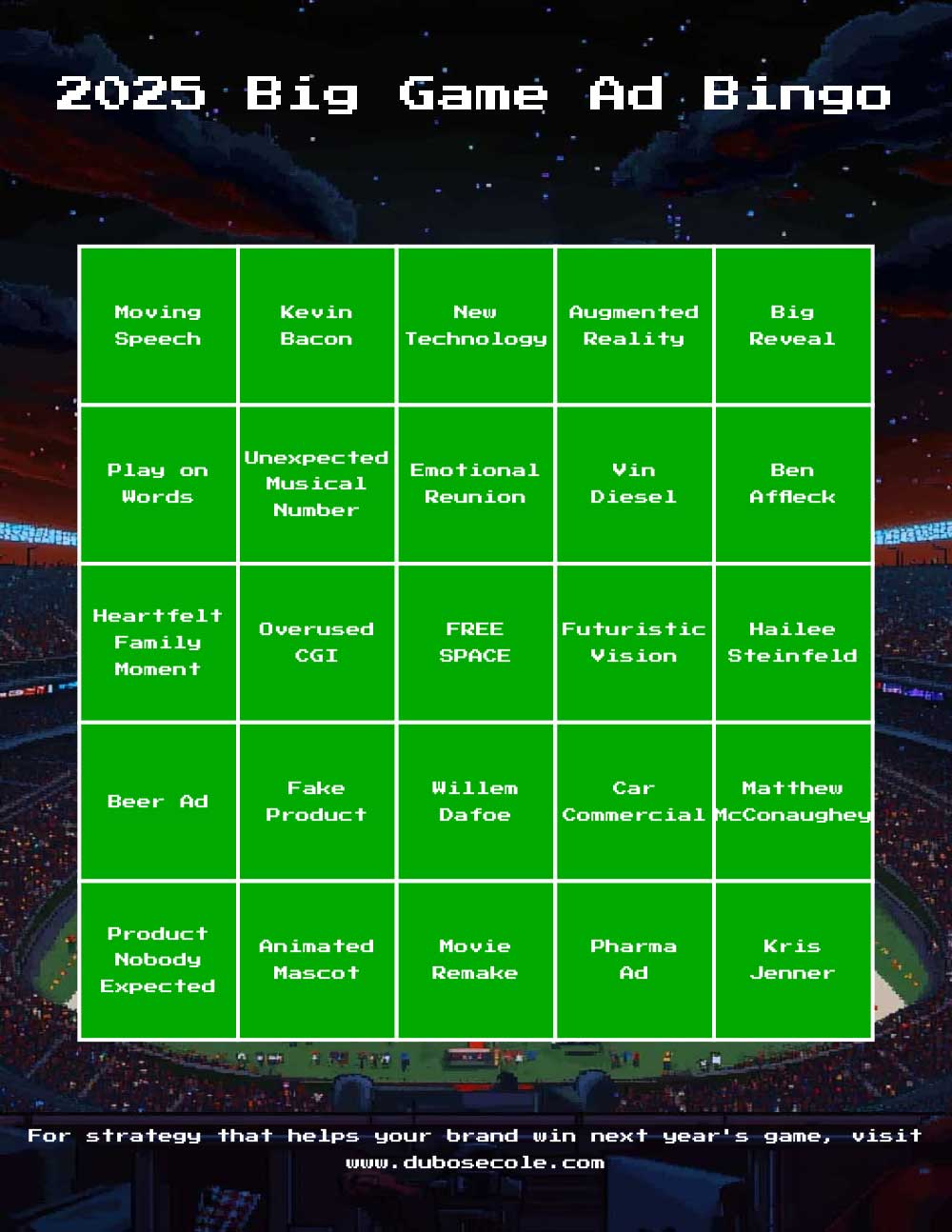 2025 Big Game Ad Bingo Generator